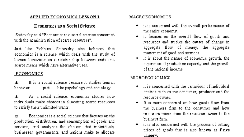 Applied Economics Lesson 1 - APPLIED ECONOMICS LESSON 1 Economics as a ...