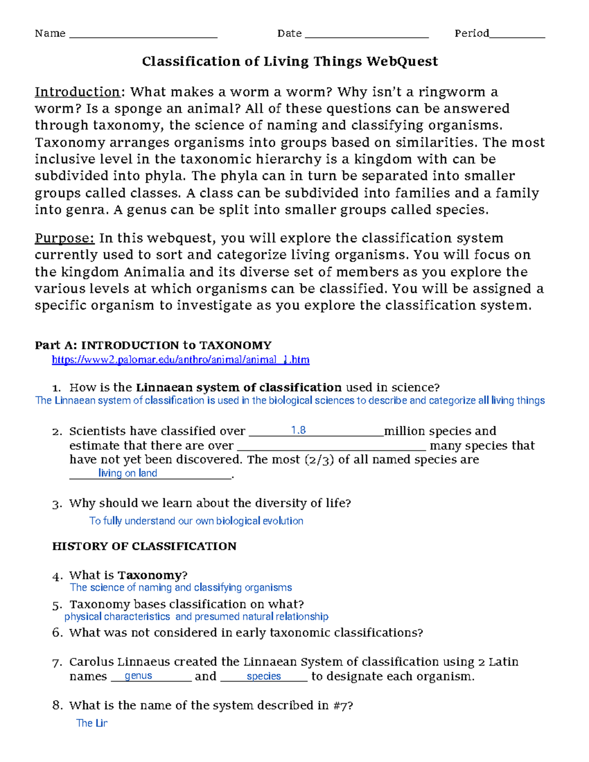 Taxonomy WebQuest: Exploring Classification of Living Organisms - Studocu