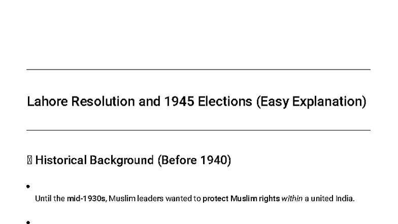 Lahore Resolution & 1945 Elections: A Pakistan Studies Overview - Studocu