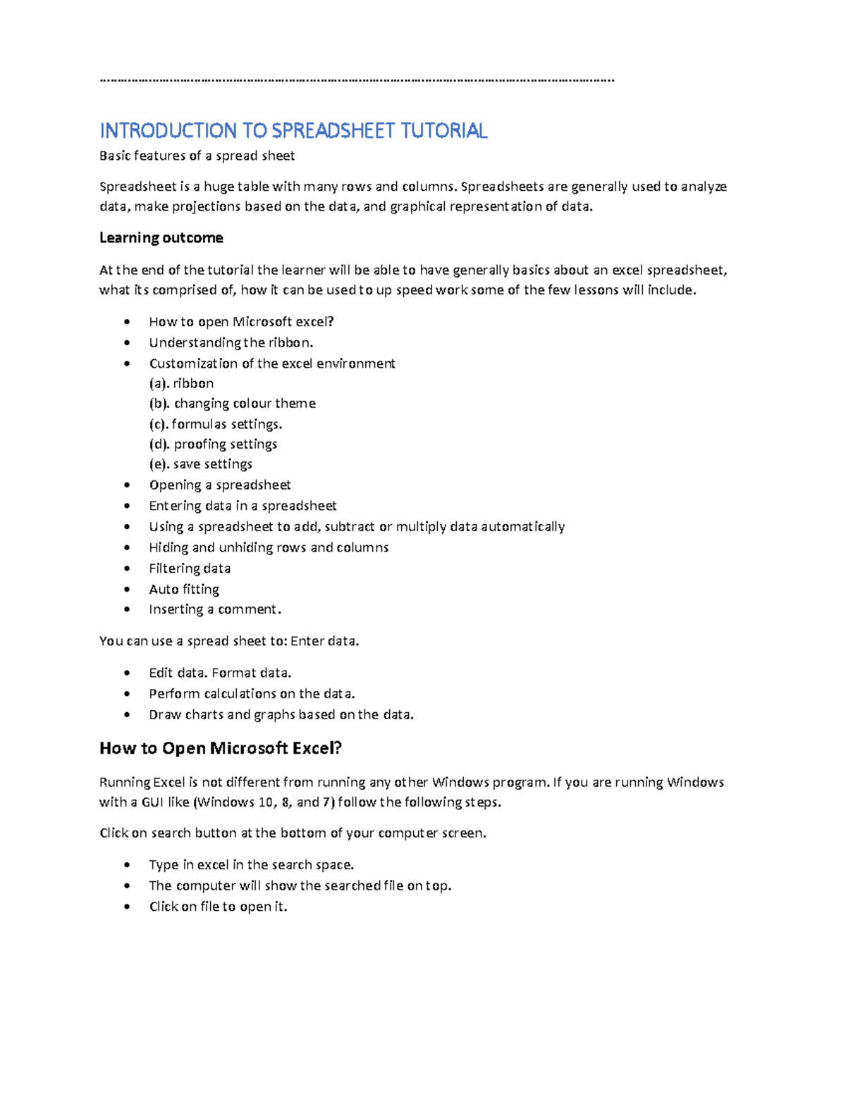Introduction TO Spreadsheet Tutorial - INTRODUCTION TO SPREADSHEET ...