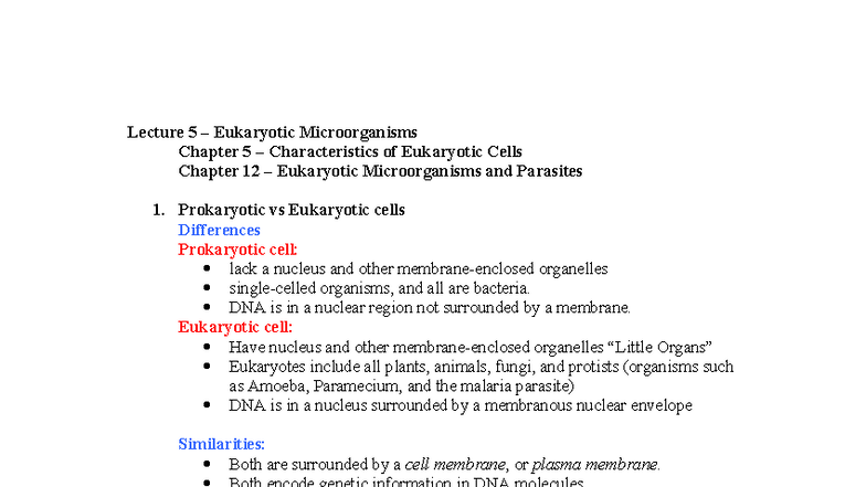 Test 1 Notes: Eukaryotic Microorganisms & Cell Characteristics (Ch. 5 ...