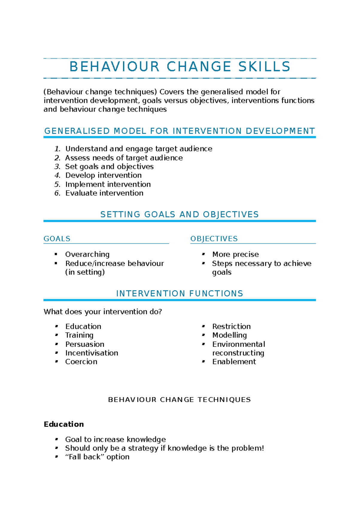 Behaviour Change Skills 11 - B E H AV I O U R C H A N G E S K I L L S (Behaviour change ...