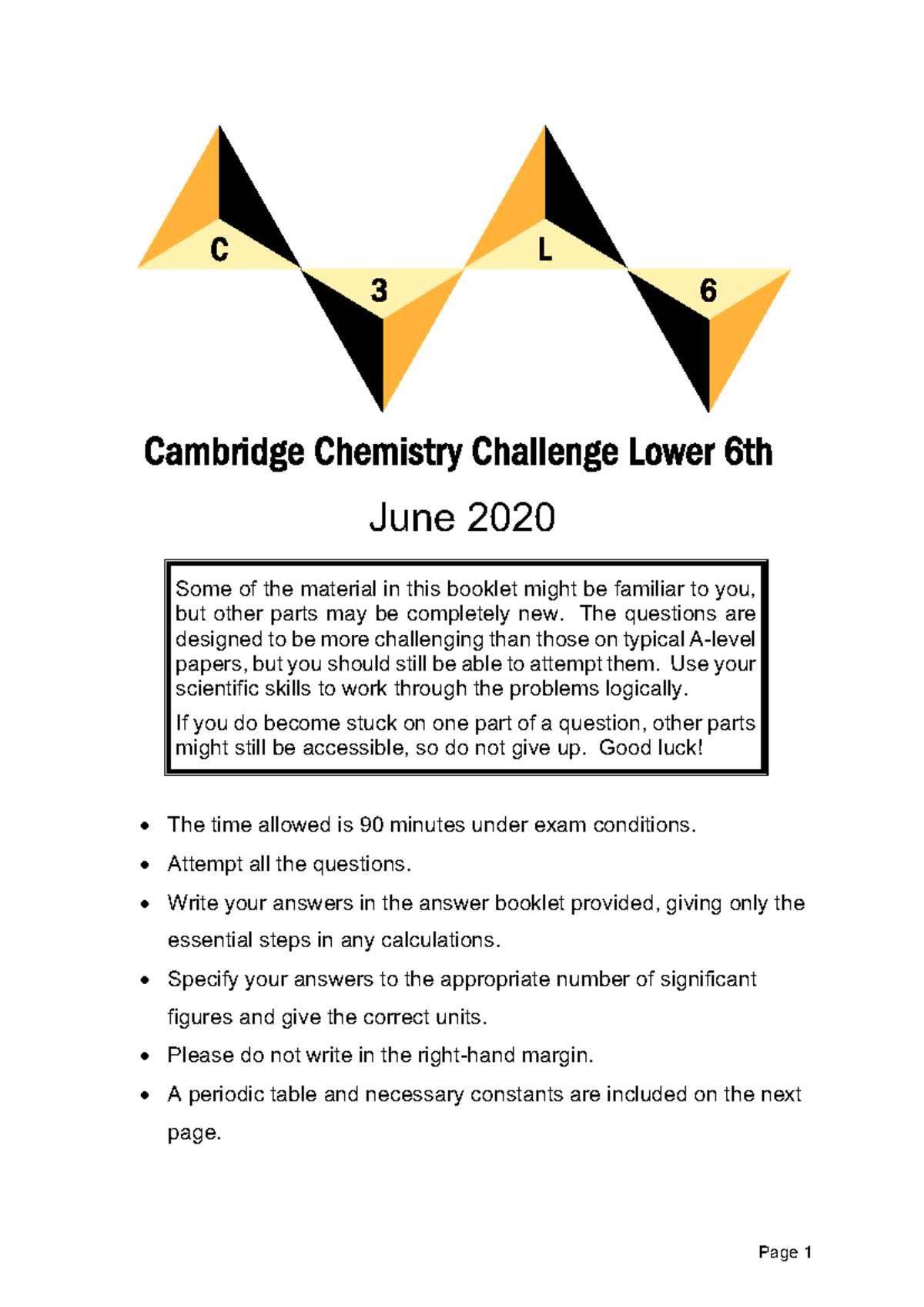 Cambridge Chemistry Challenge 2020 - Question Paper (QP) - Studocu