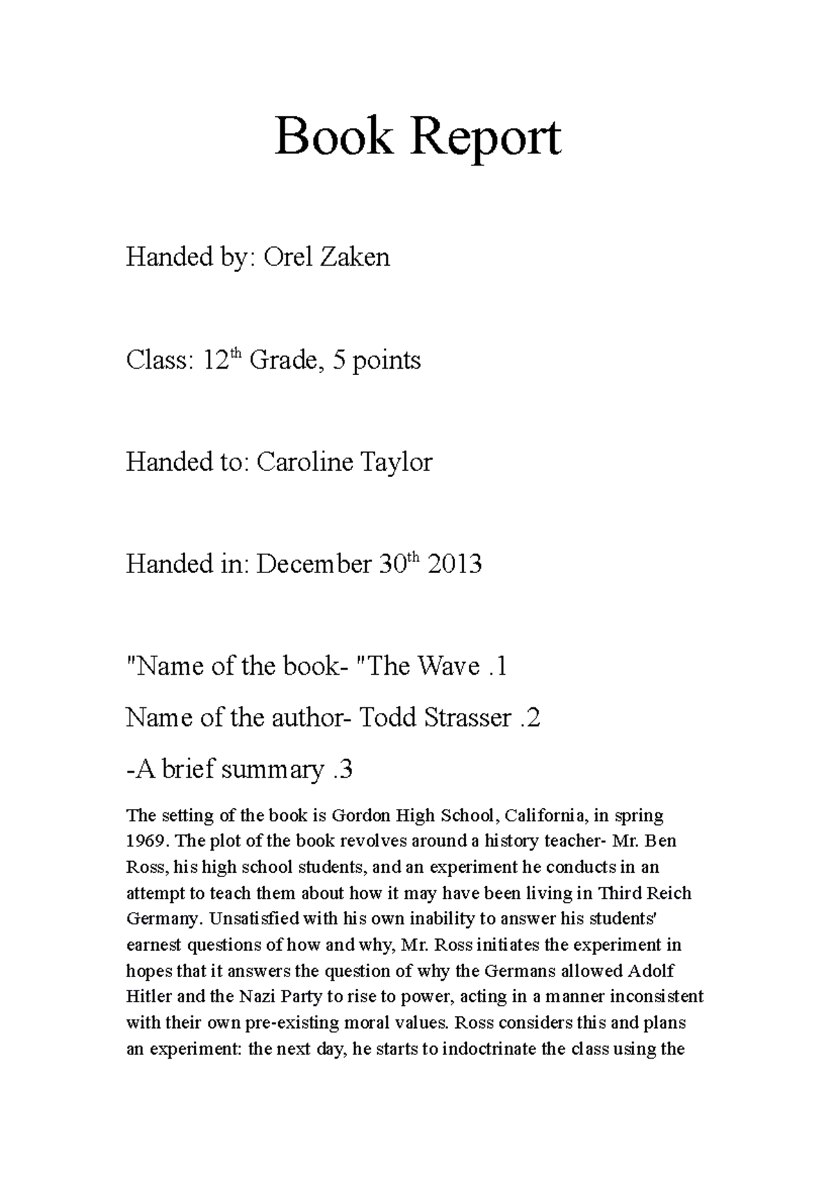 Book Report: Analysis of "The Wave" - 12th Grade Assignment - Studocu