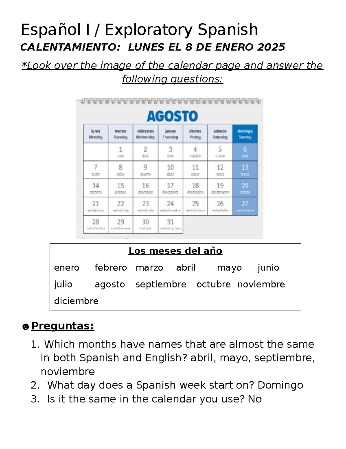 Warm up jan 9 spa - Espanol - Español I / Exploratory Spanish ...