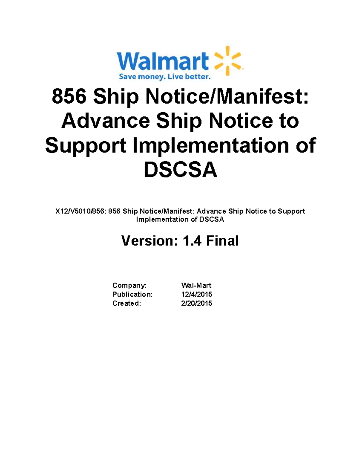 Wal-Mart USA 856 V5010 DSCSA Ship Notice/Manifest Guide - Studocu