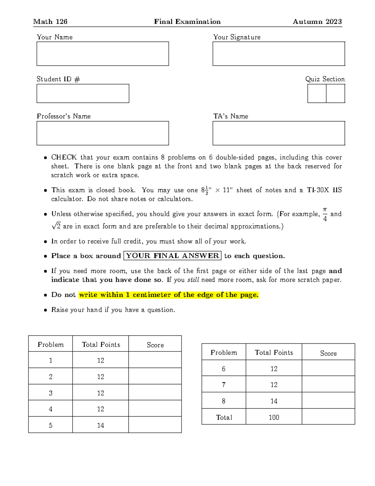 Math 126 Final Exam - Autumn 2023 - Studocu