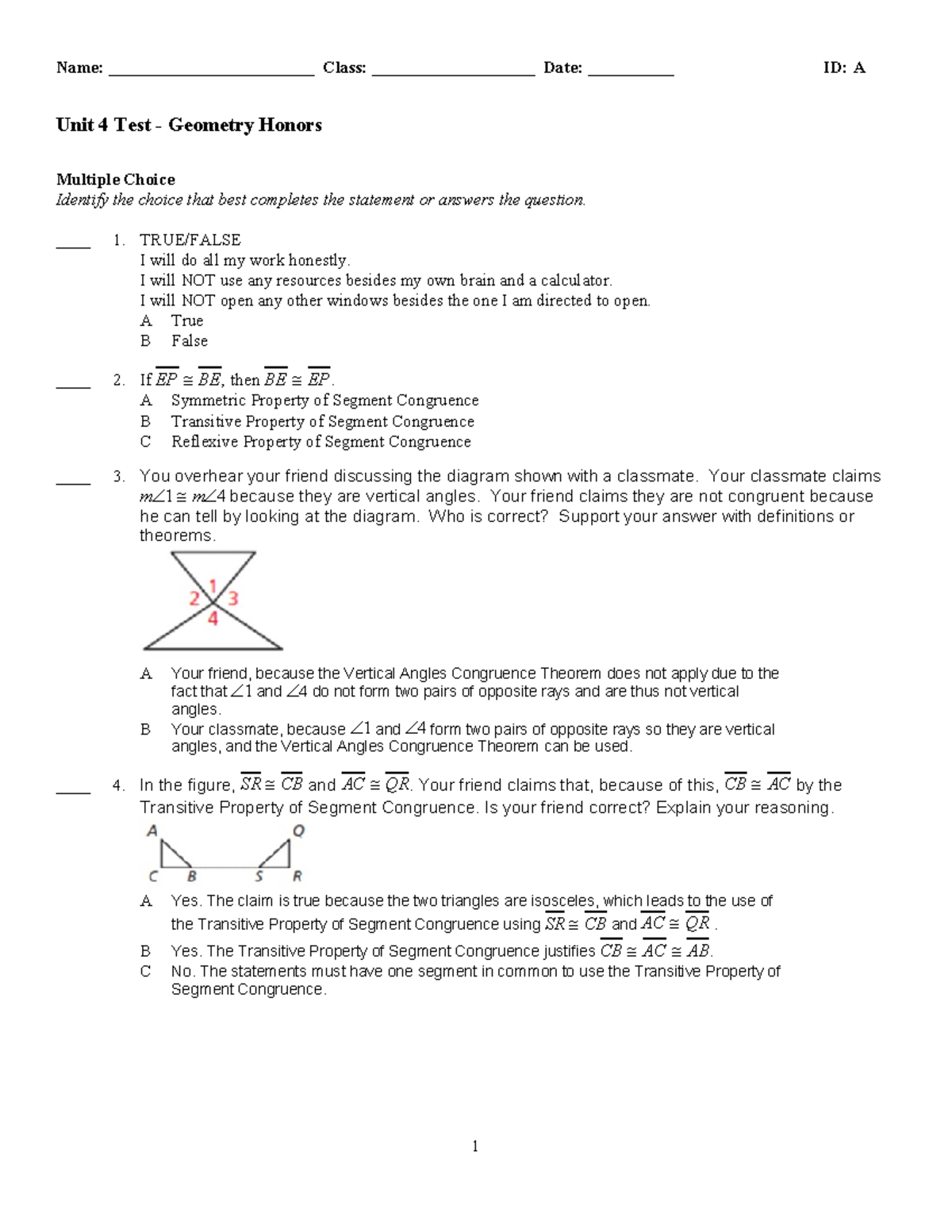 Unit 4 Geometry Honors Test Review and Practice Questions - Studocu