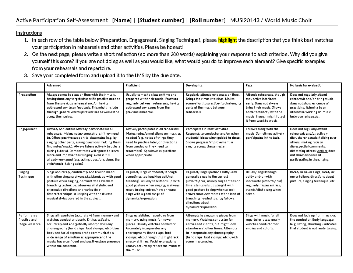 MUSI20143 Active Participation Self-Assessment Guide - Studocu