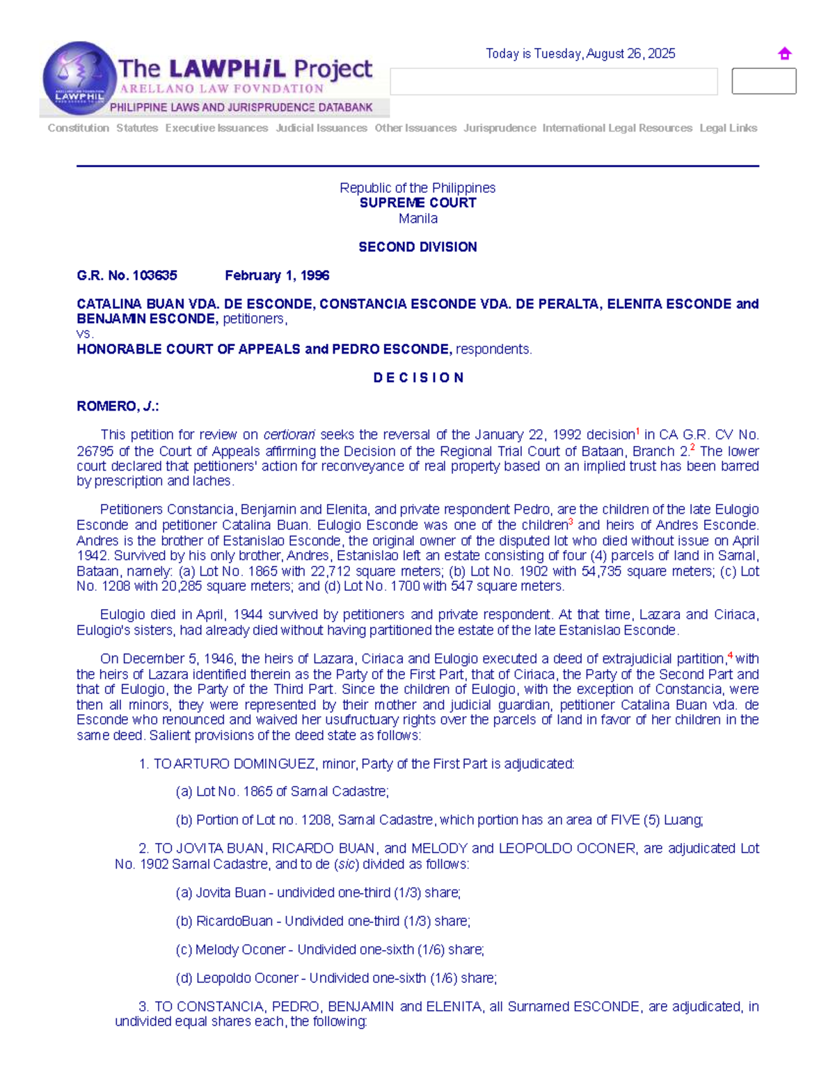 VDA de Esconde v. CA: G.R. No. 103635 Decision Analysis (Feb 1, 1996 ...