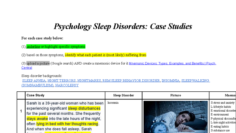 Psychology Sleep Disorders: Case Studies & Mnemonics - Studocu