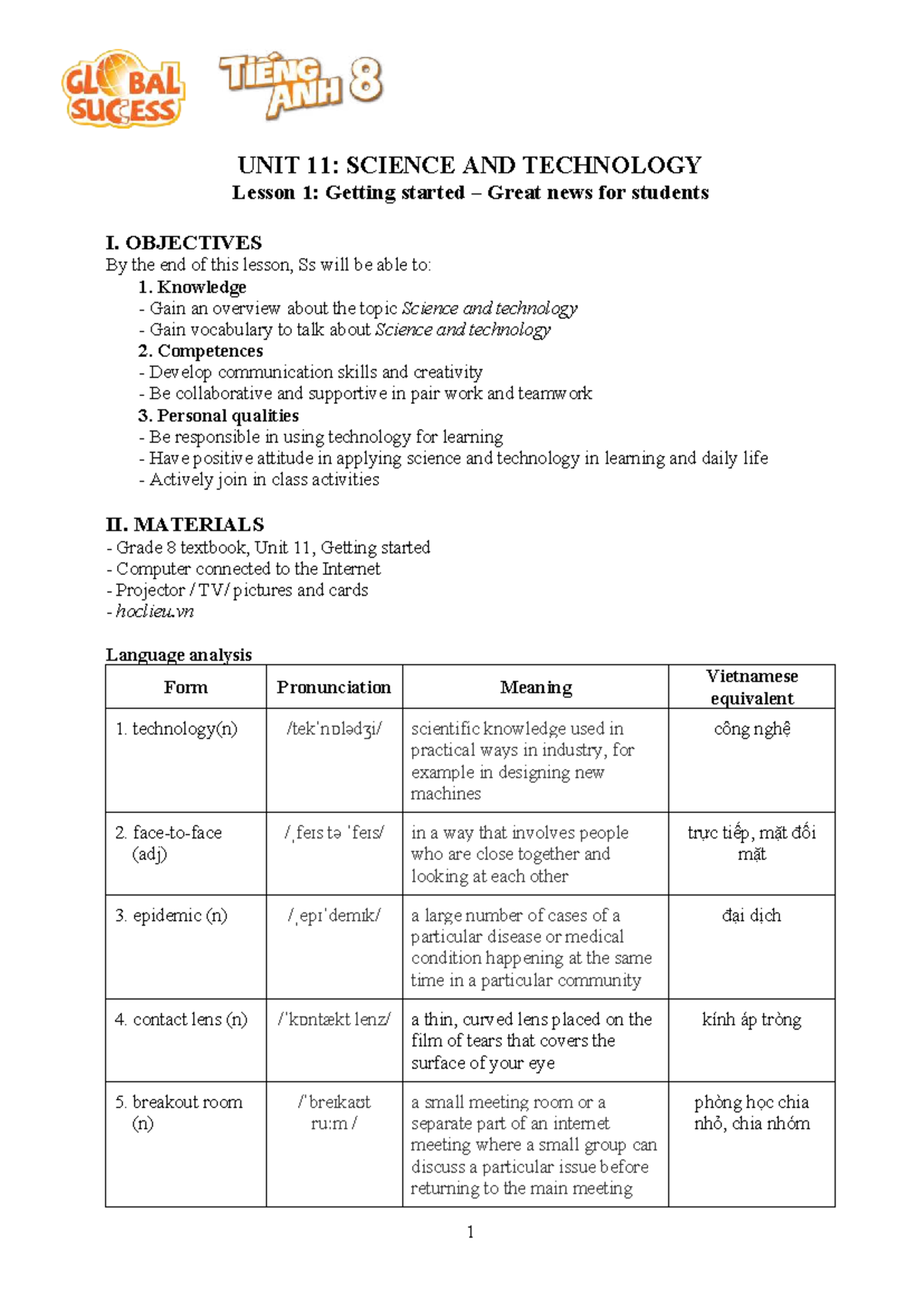 Unit 11 E8: Science and Technology - Lesson 1 Overview and Activities ...