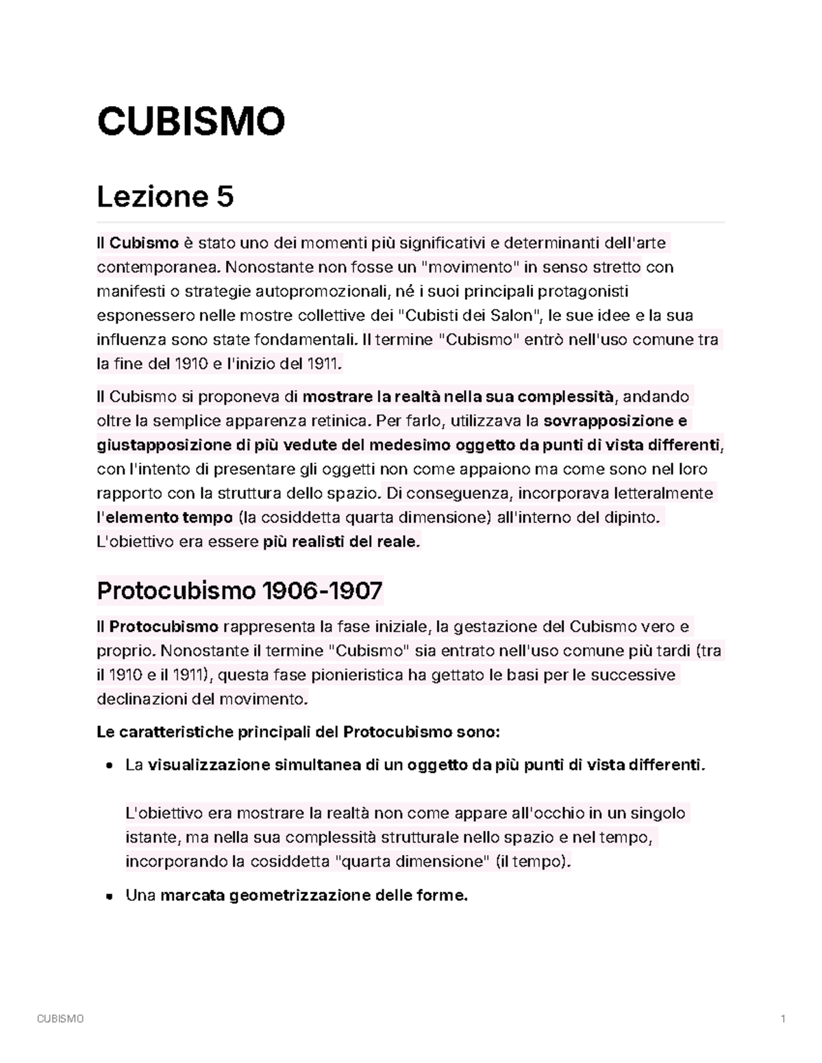 CUBISMO Lezione 5: Approfondimenti sul Movimento Cubista - Studocu