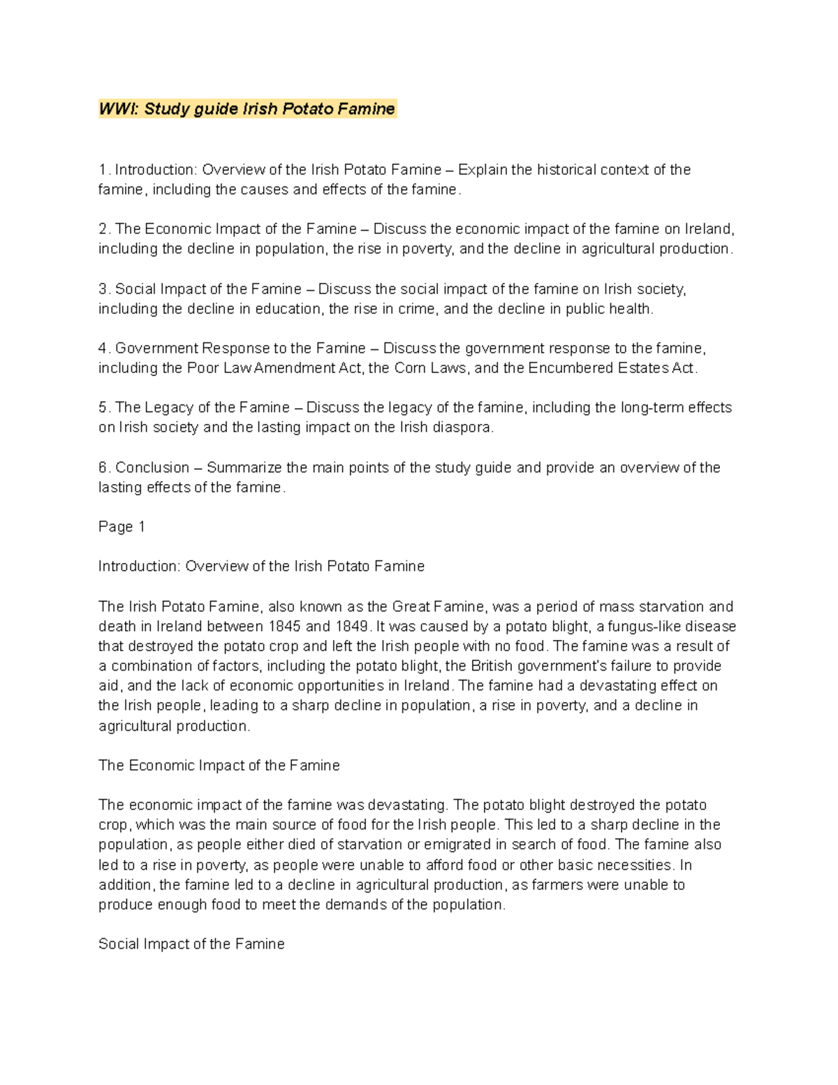 Study Guide U.S. Irish Potato Famine - WWI: Study guide Irish Potato ...