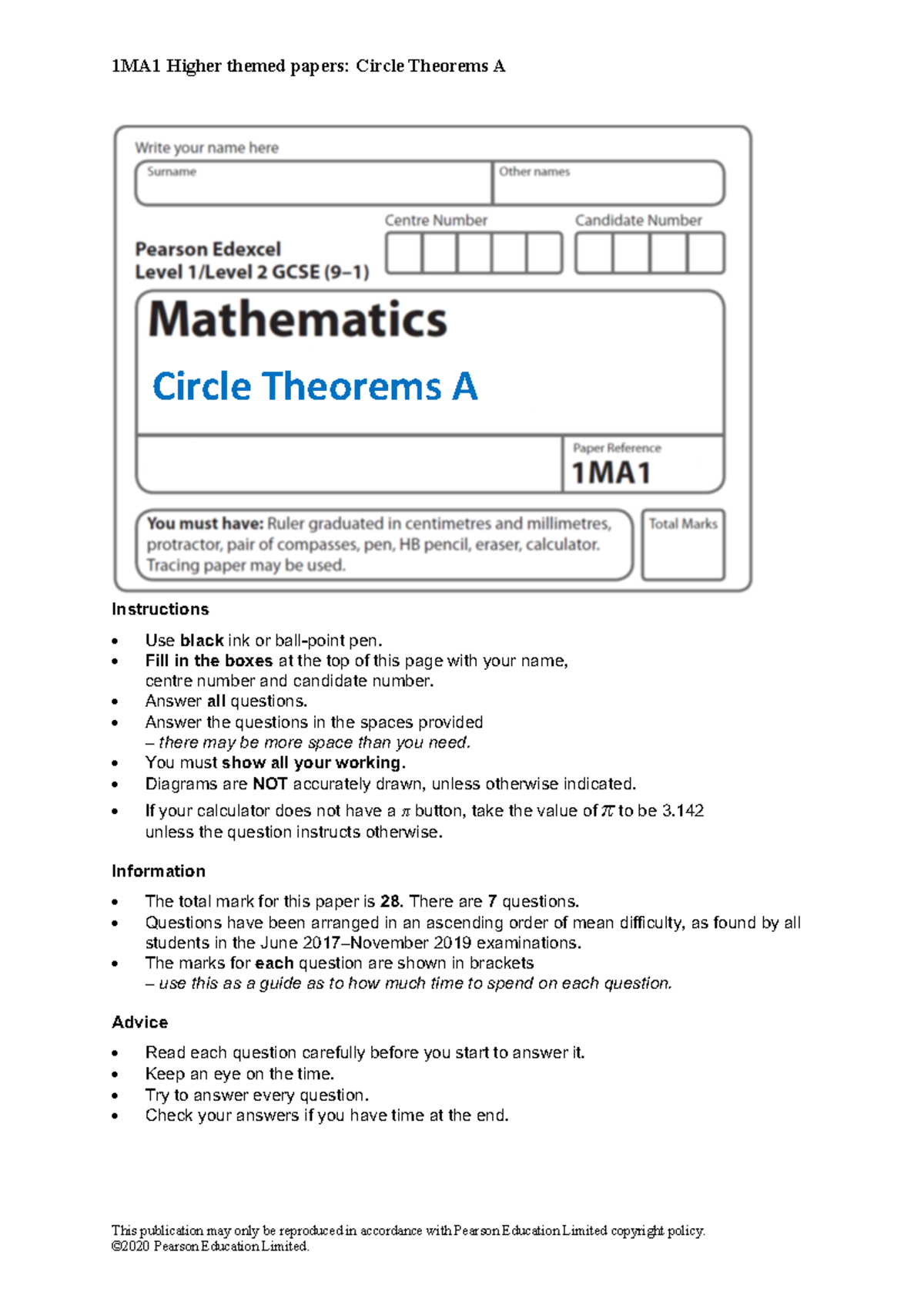 Circle Theorems A - Practice Questions & Instructions - Studocu