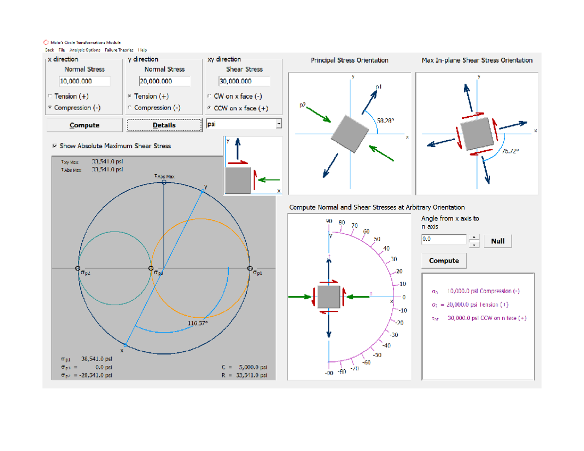 Circulo Mohr - Circle Transformations Module Back File Analysis Options Failure Theories Help X ...