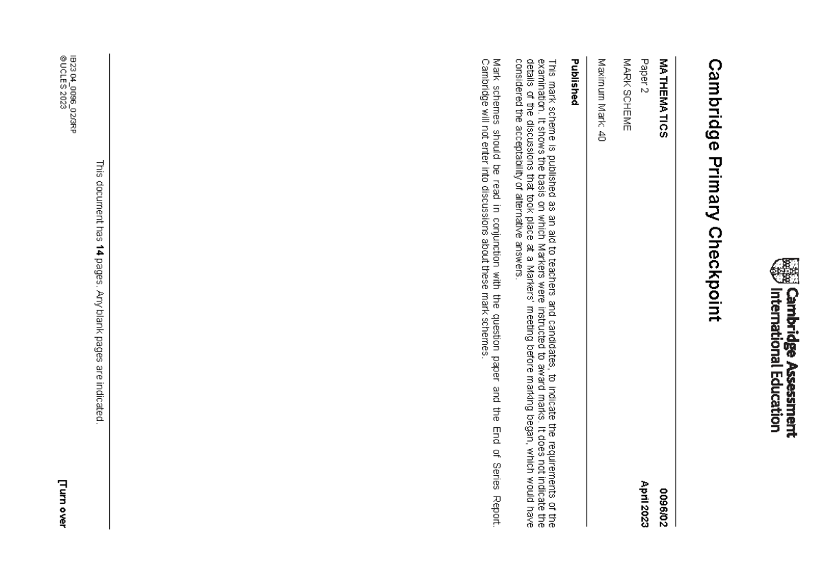 Cambridge Primary Checkpoint Mathematics Paper 2 Mark Scheme - April ...