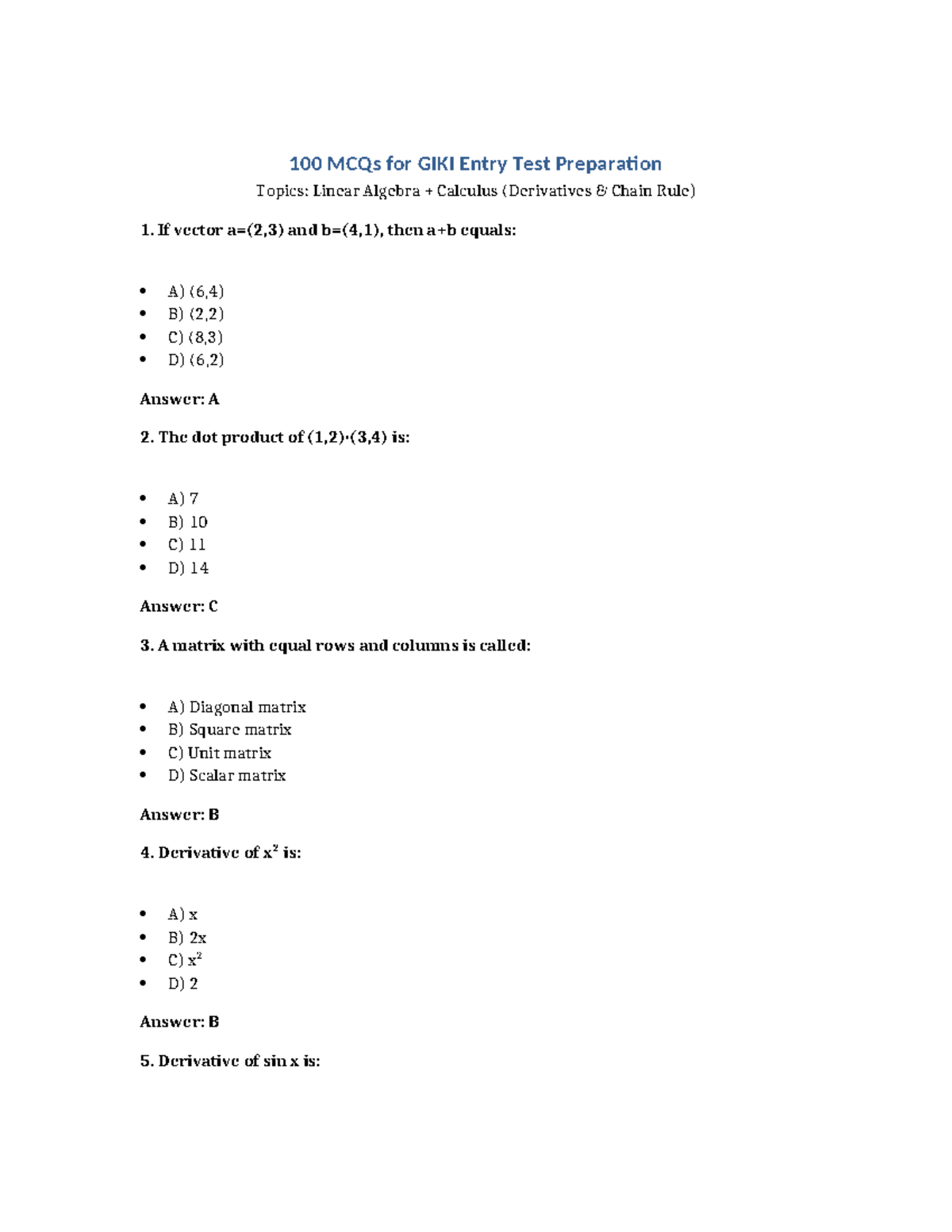 GIKI 100 MCQs for Math Entry Test Preparation - Studocu