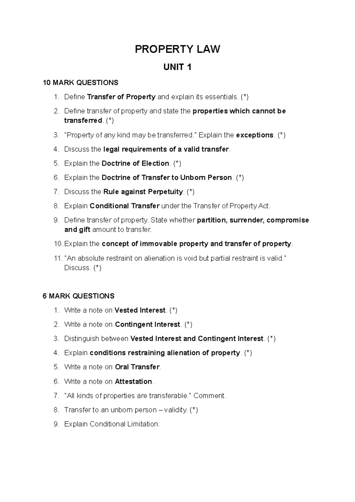 PROPERTY LAW UNIT 1-5: 10 & 6 MARK QUESTIONS OVERVIEW - Studocu