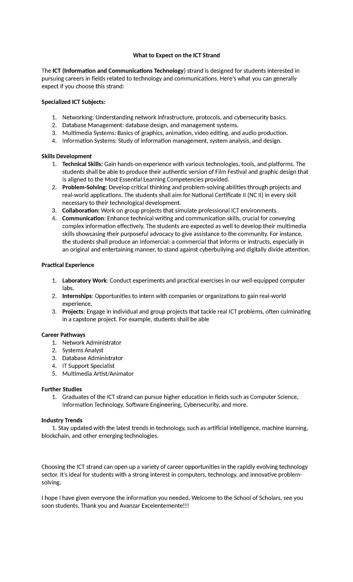 What to Expect in the ICT Strand - Important Insights and Skills - Studocu