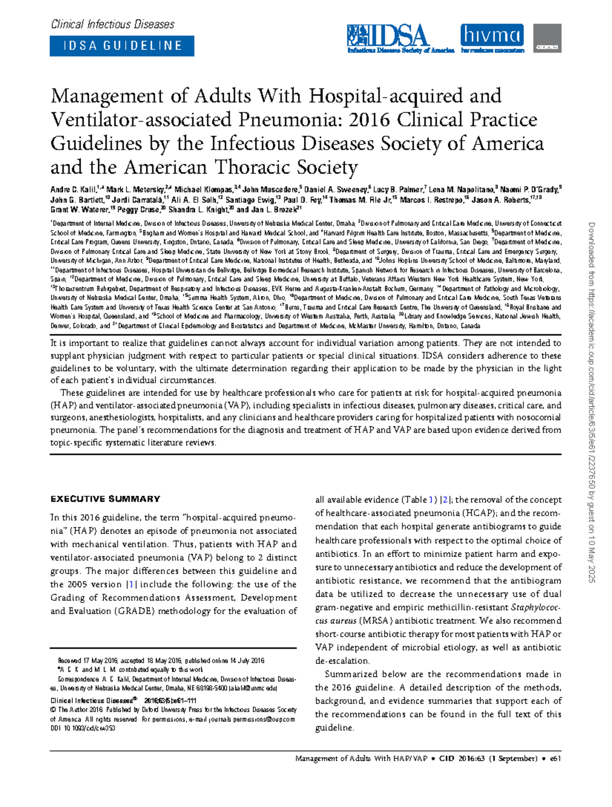 Management of Adults With HAP and VAP: 2016 IDSA Guidelines Review ...