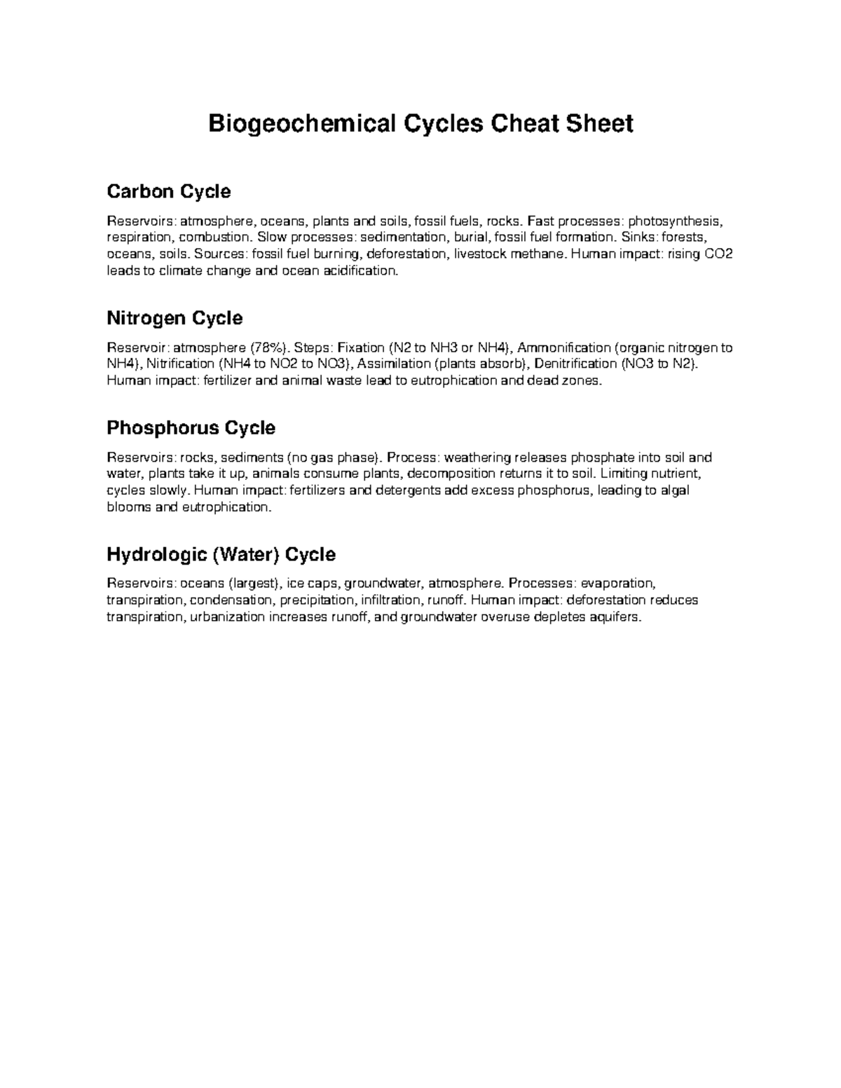 Biogeochemical Cycles Cheat Sheet: Carbon, Nitrogen, Phosphorus, Water ...