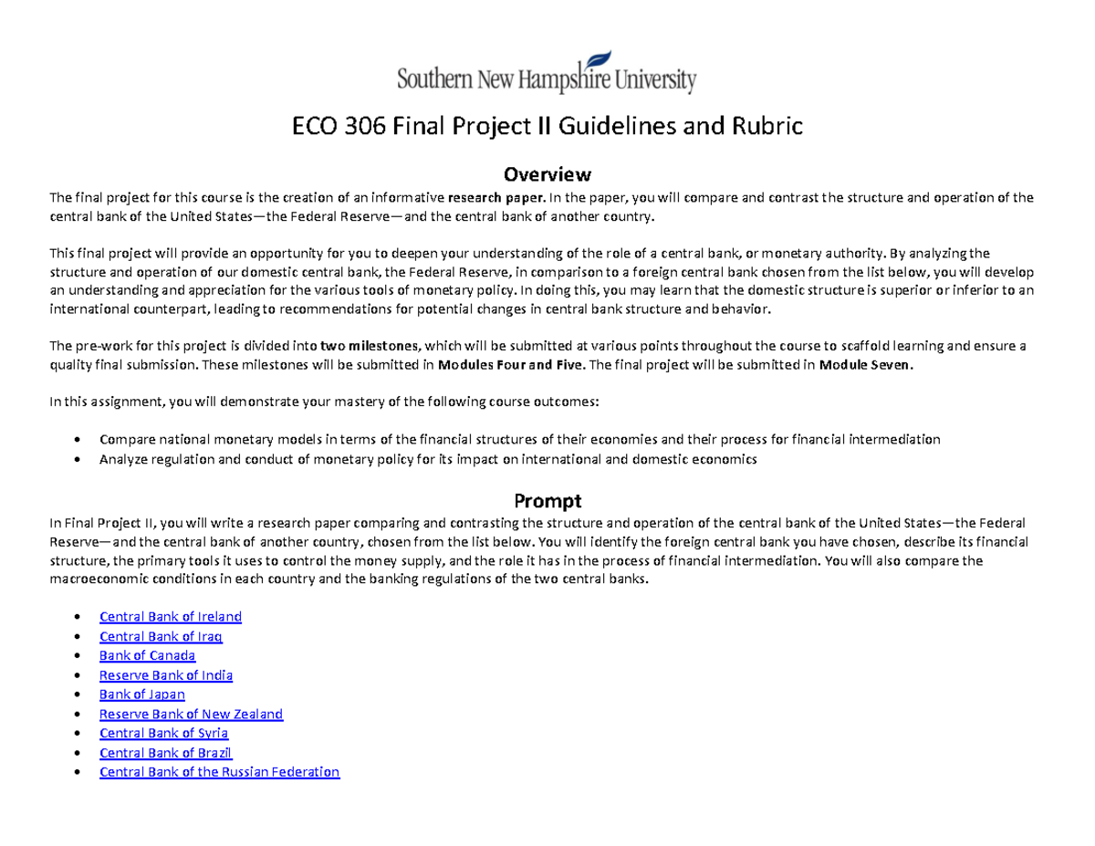 ECO 306 Final Project 2 Guidelines And Rubric - ECO 306 Final Project II Guidelines and Rubric ...
