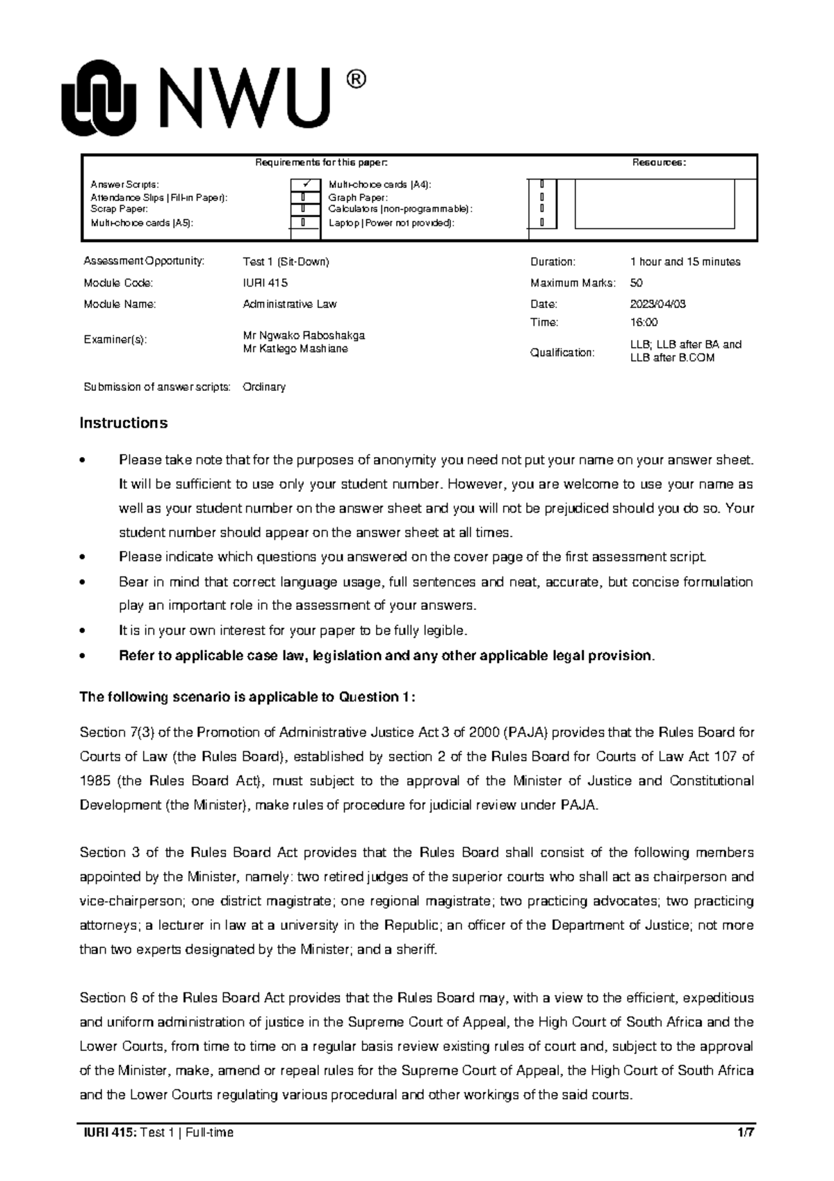 IURI 415 2023 Test 1 - Test 1 of 2023 - Requirements for this paper ...