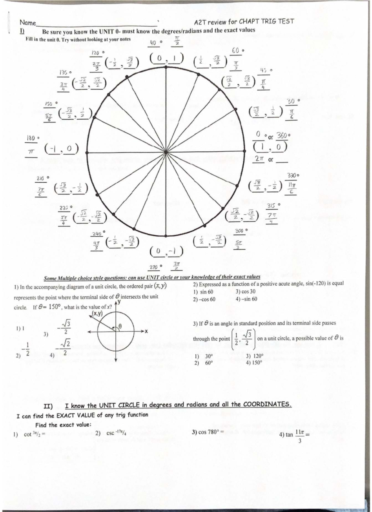 A2T Trigonometry Test Review: Unit Circle & Exact Values - Studocu