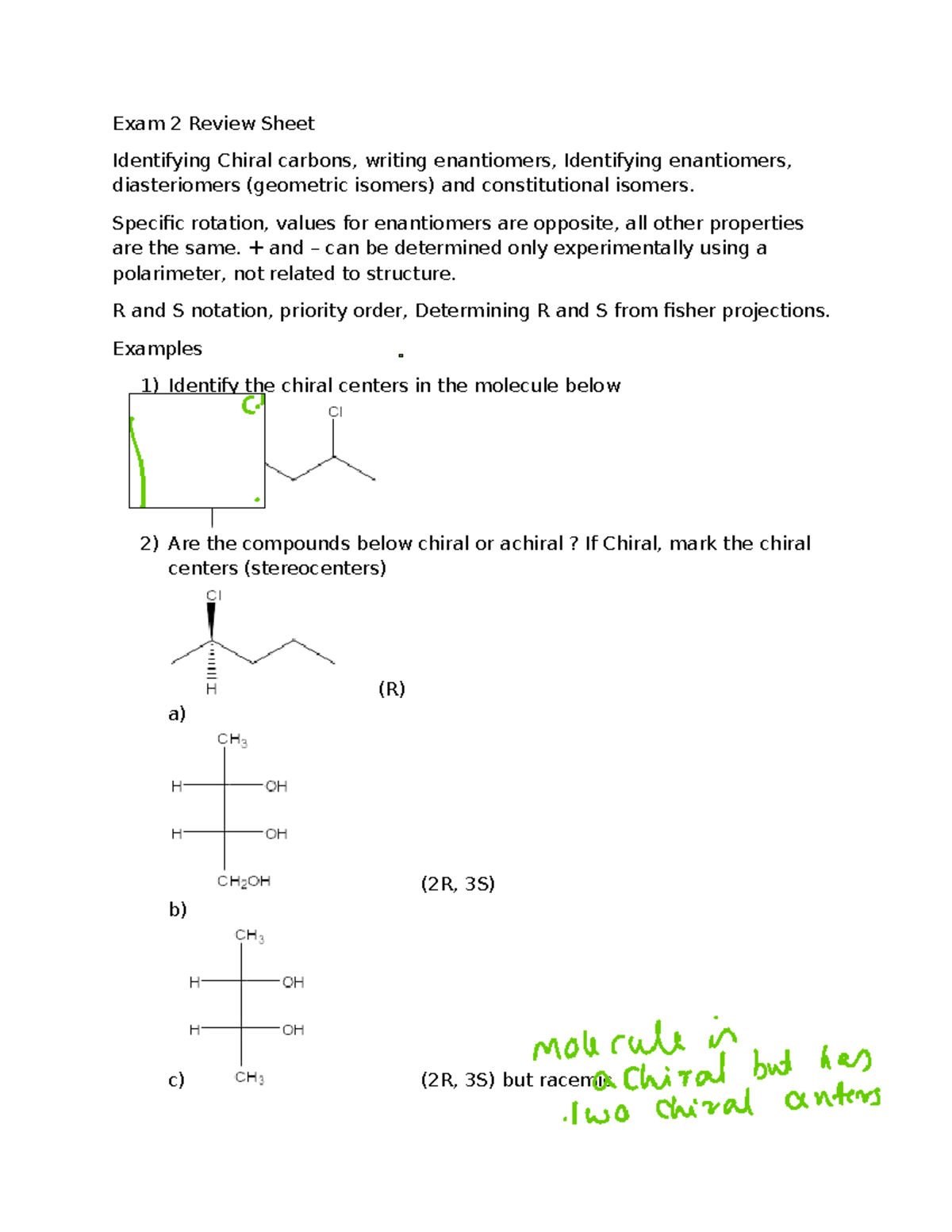 Exam 2 Review Sheet: Chiral Carbons, Isomers, and Nucleophilic ...
