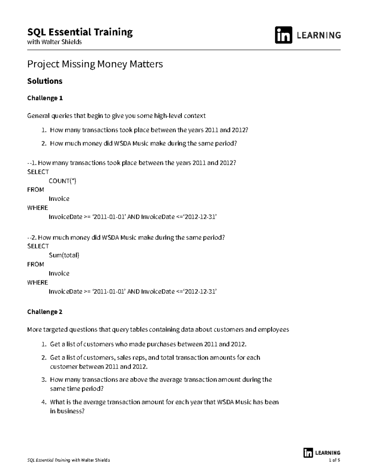 SQL Essential Training (Course Code) - Project Missing Money Matters ...