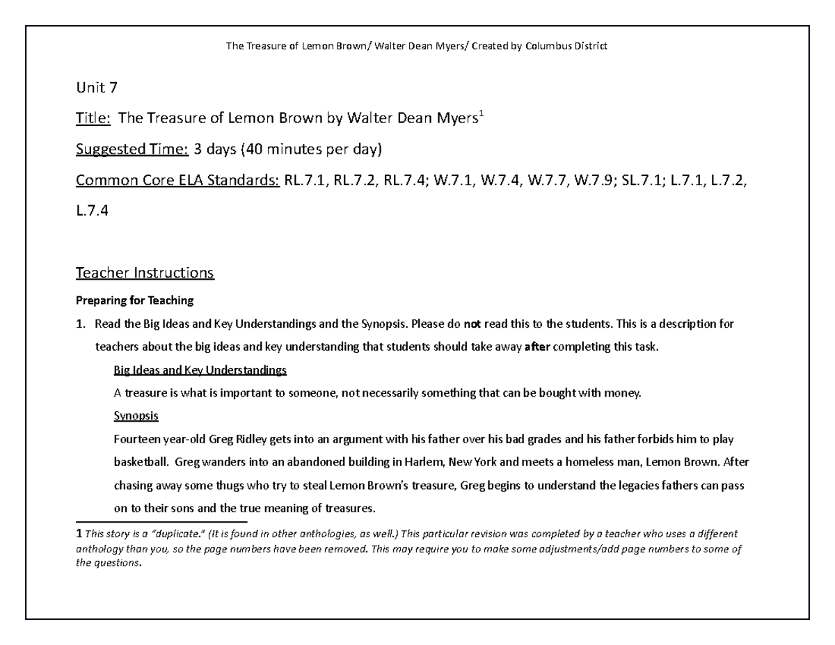 Unit 7: The Treasure of Lemon Brown - Lesson Overview - Studocu