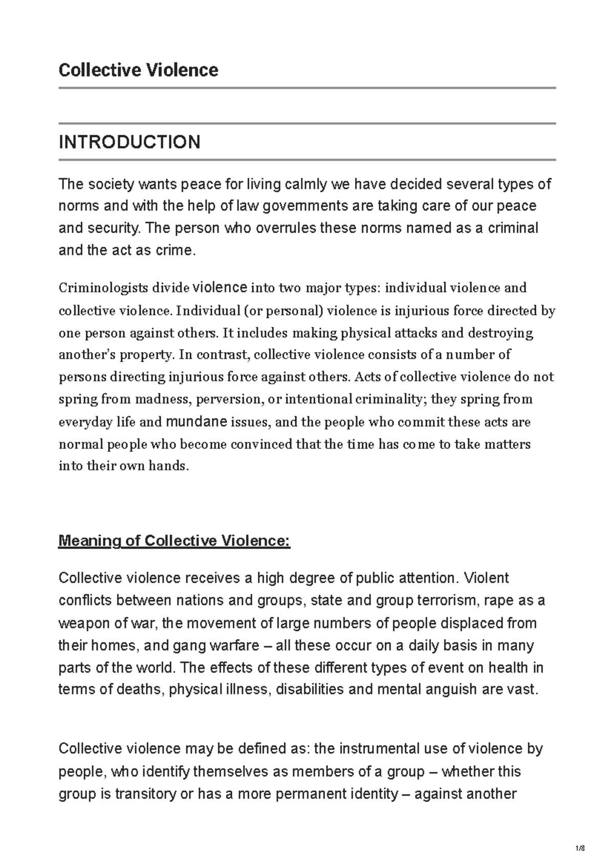 Understanding Collective Violence: Causes, Types, and Prevention - Studocu
