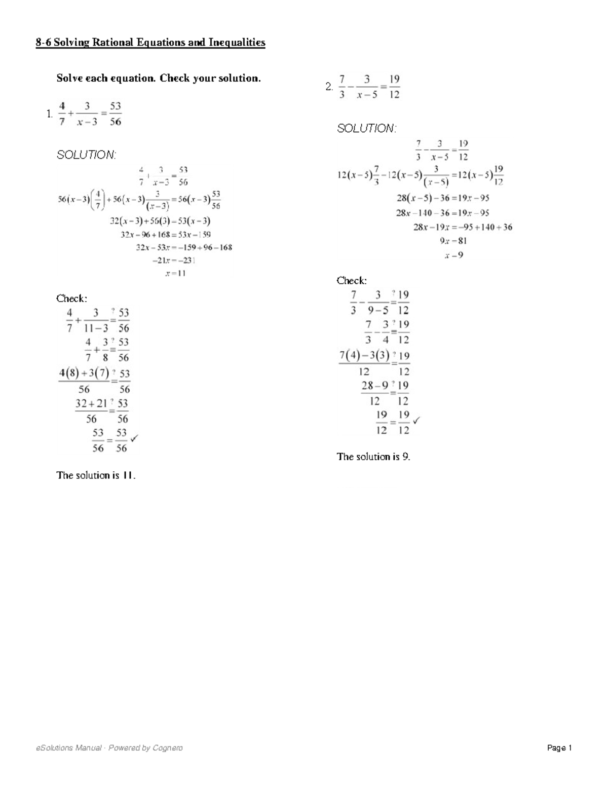 8-6 Solving Rational Equations and Inequalities: Solutions and Checks ...