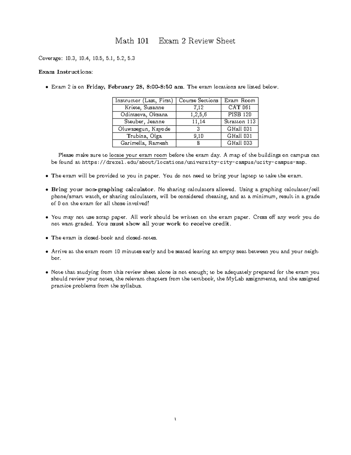 Math101 Exam 2 Review Sheet - Key Topics and Instructions - Studocu