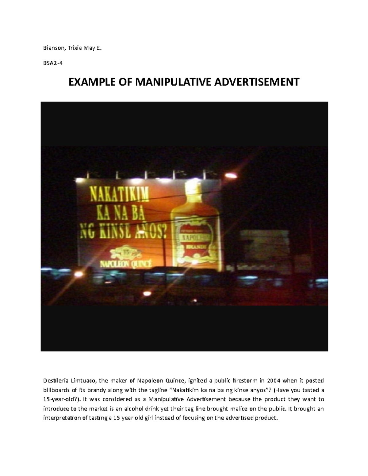 Advertisement - Advertisment section - Bianson, Trixia May E. BSA2 ...