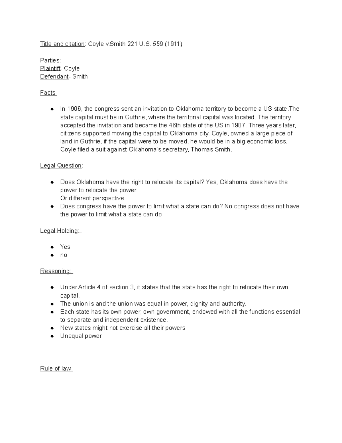 Coyle v. Smith Case Brief Analysis (221 U.S. 559, 1911) - Studocu