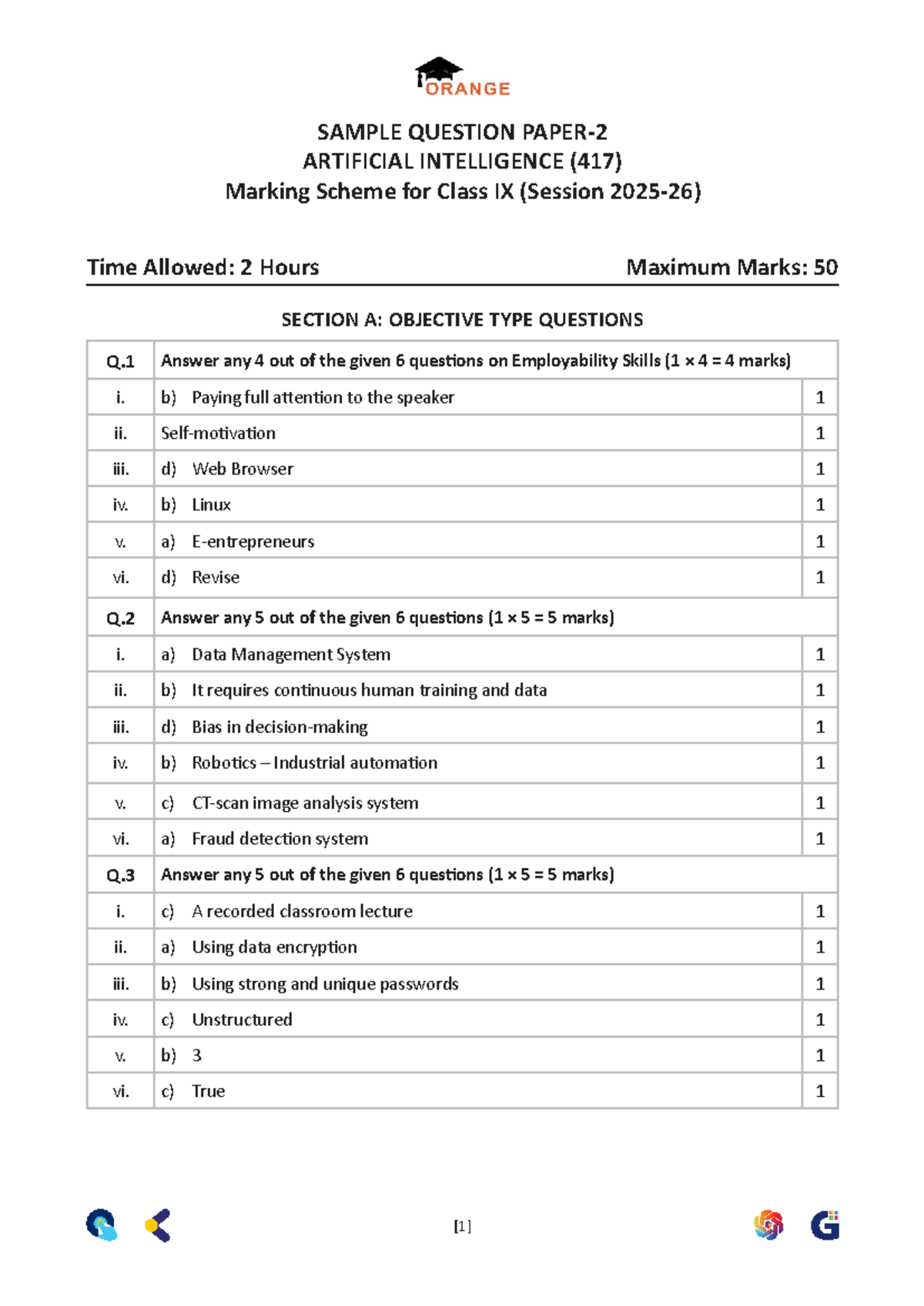 Marking Scheme for AI (417) Class IX - Sample Questions - Studocu