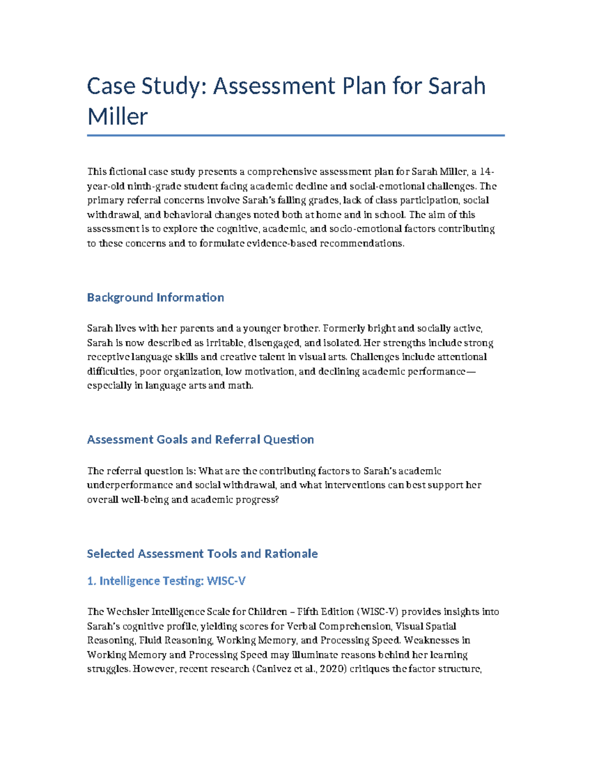 Case Study: Assessment Plan for Sarah Miller (EDU 101) - Studocu