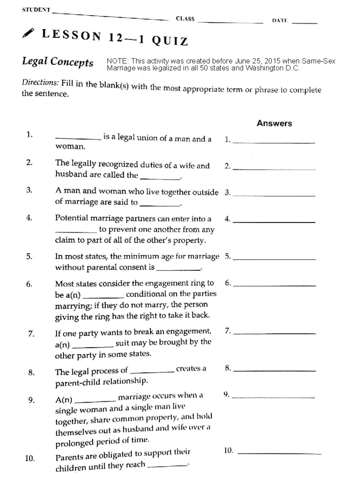 Marriage Law - Textbook Vocabulary Worksheet - NOTE: This activity was ...