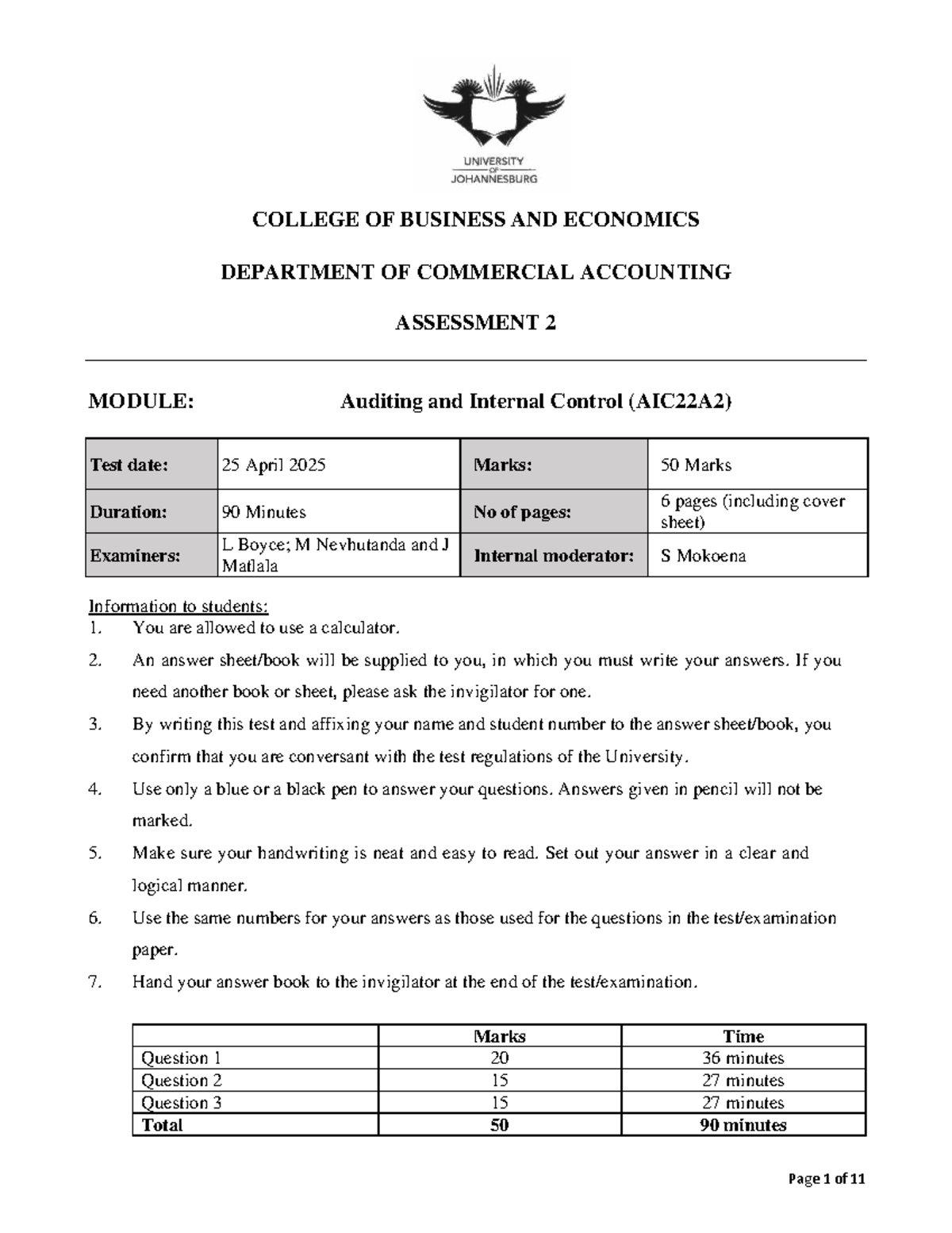 AIC22A2 Auditing & Internal Control Test 2 Questions & Memo - Studocu