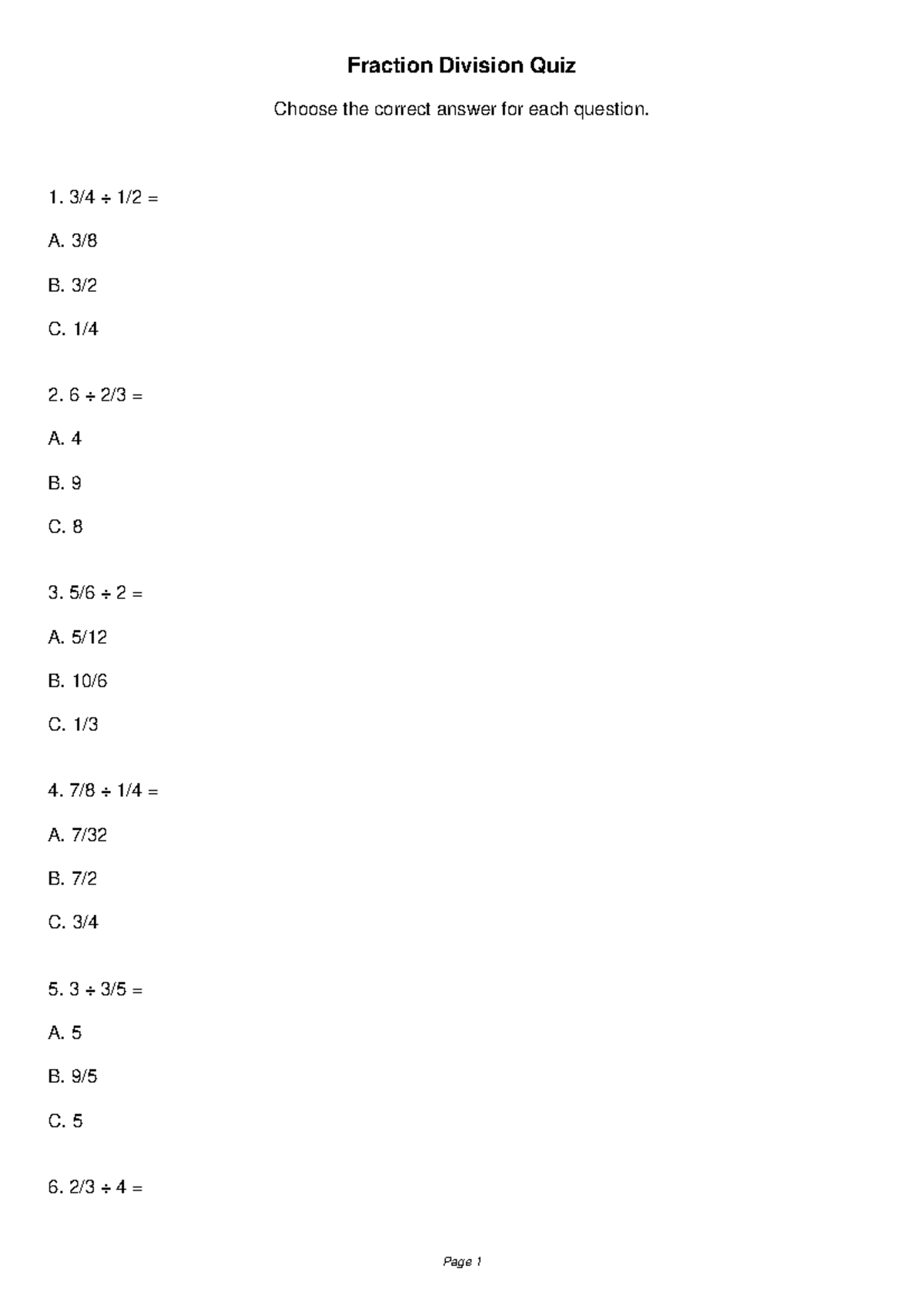 Fraction division quiz - Bachelor of Elementary Education - Fraction ...