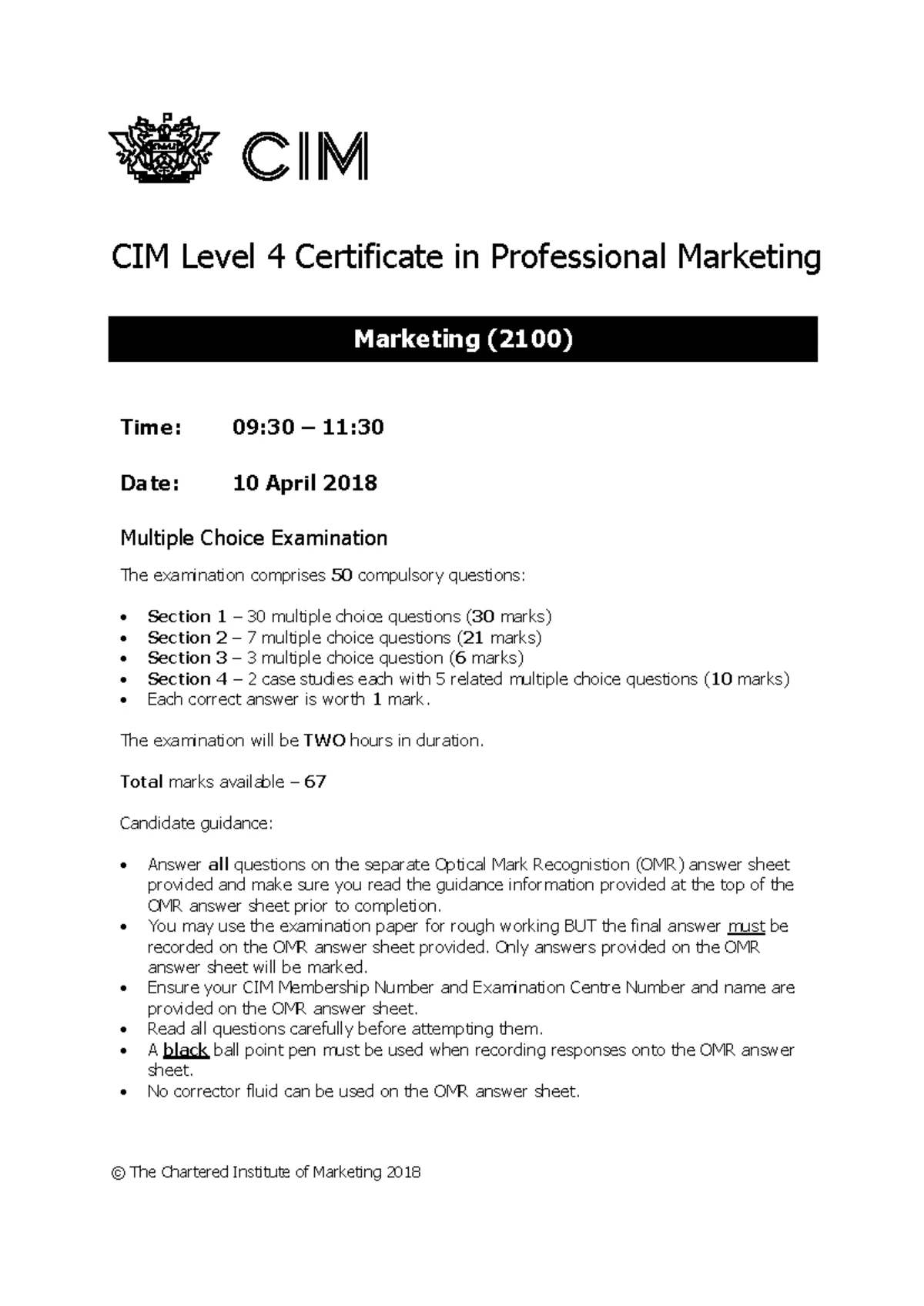 Exam final April 2018, questions - CIM Level 4 Certificate in ...