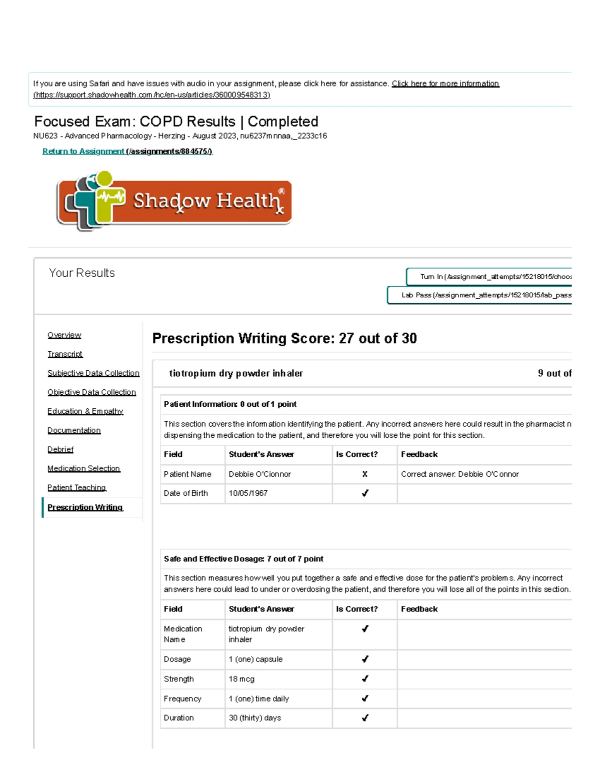 Shadow Health® COPD Medication - Focused Exam: COPD Results | Completed ...