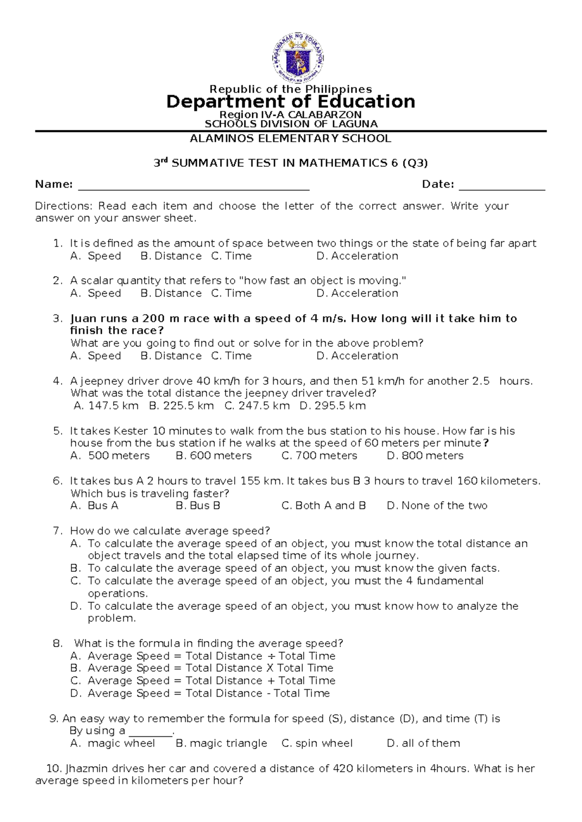 Mathematics 6 Q3: 3rd Summative Test Quiz - Studocu