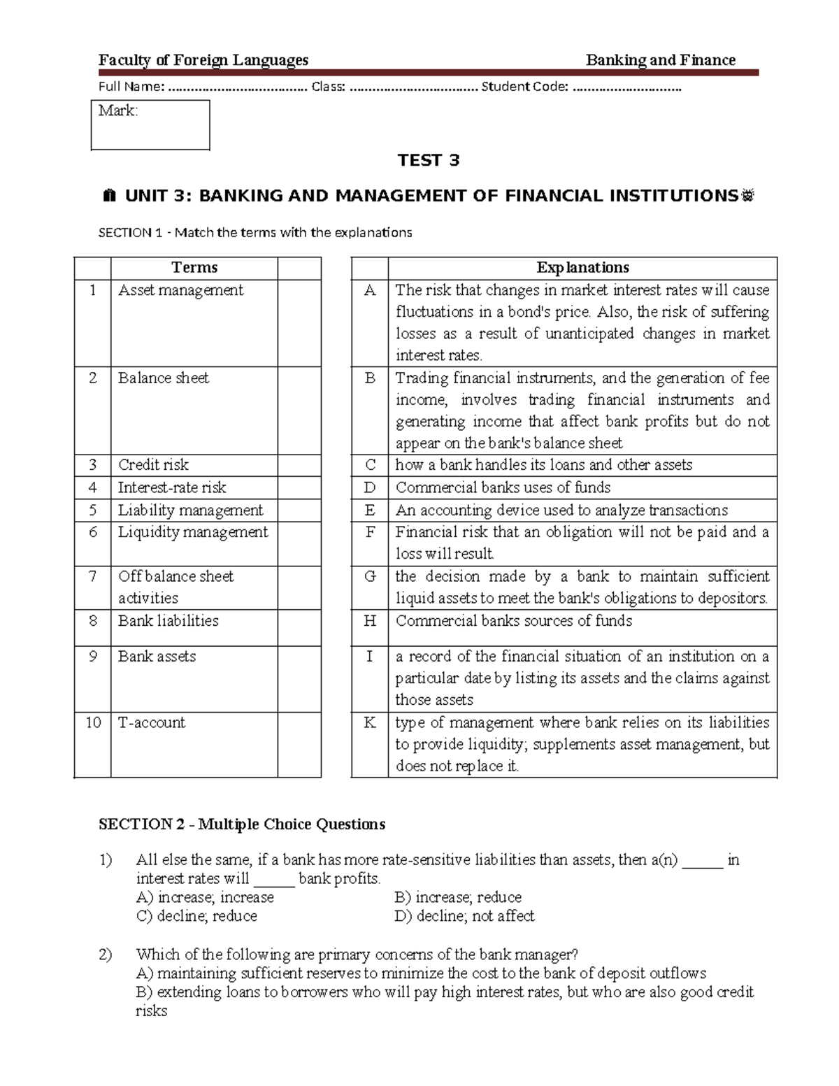 Unit 3: Banking and Finance Test 3 - Key Concepts and Questions - Studocu