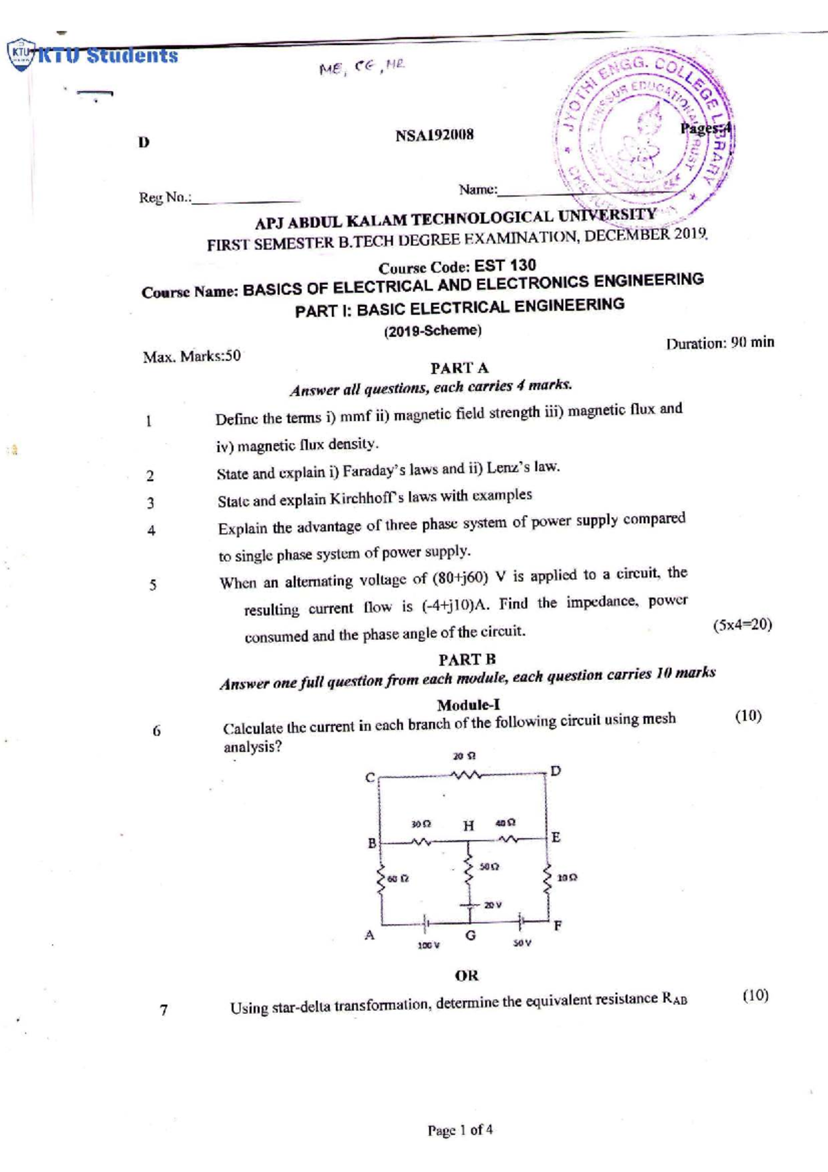 KTU EST 130 Basics of Electrical Engineering - Solved QP (Dec 2019 ...