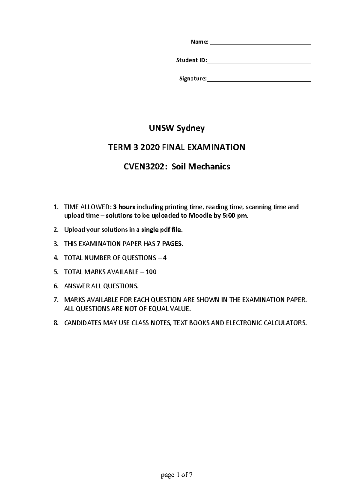 Final Exam CVEN3202: Soil Mechanics - Term 3 2020 Paper - Studocu