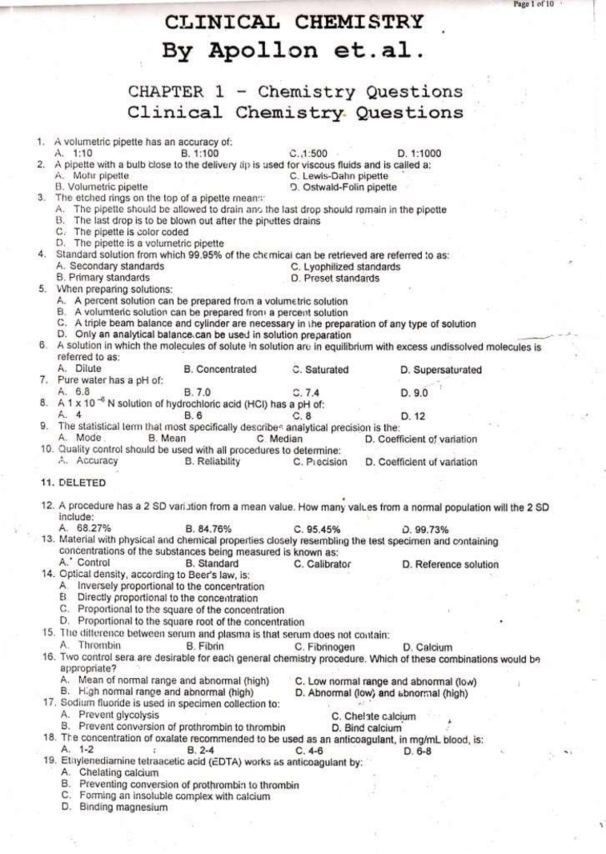 Clinical Chemistry (CM) CHAPTER 1: Chemistry Questions Review - Studocu