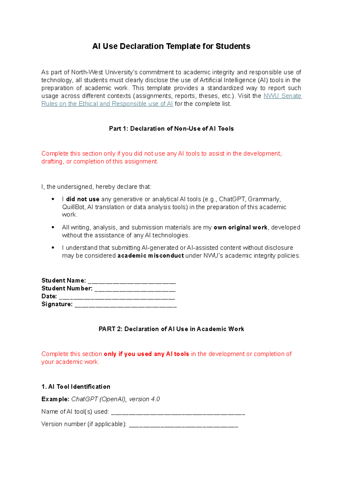 AI Use Declaration Template for Students: Academic Integrity Guide ...